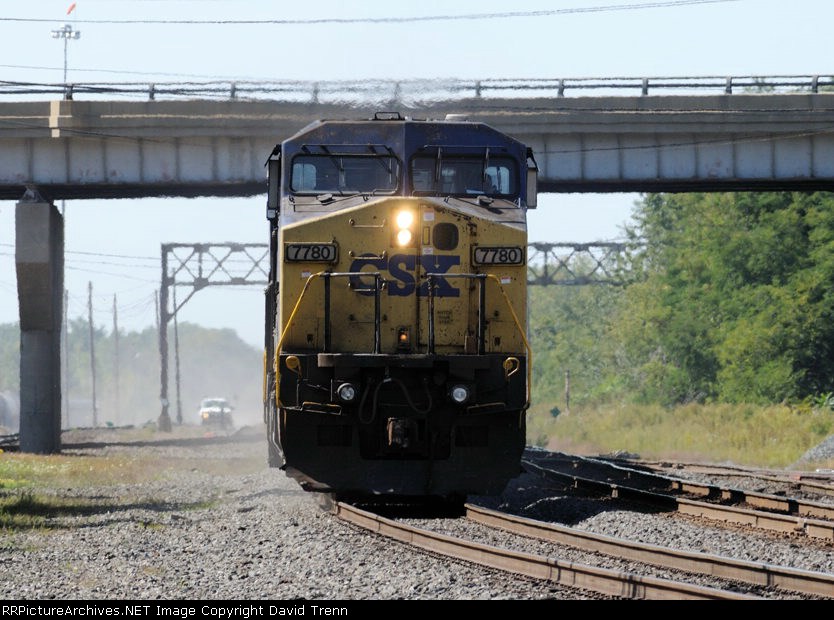 CSX 7780 leads Eastbound CSX Q264 at MP127.9 on track number two.